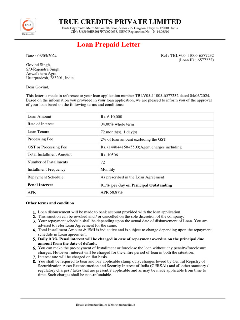 Govind Singh Prepaid Letter | PDF | Loans | Credit