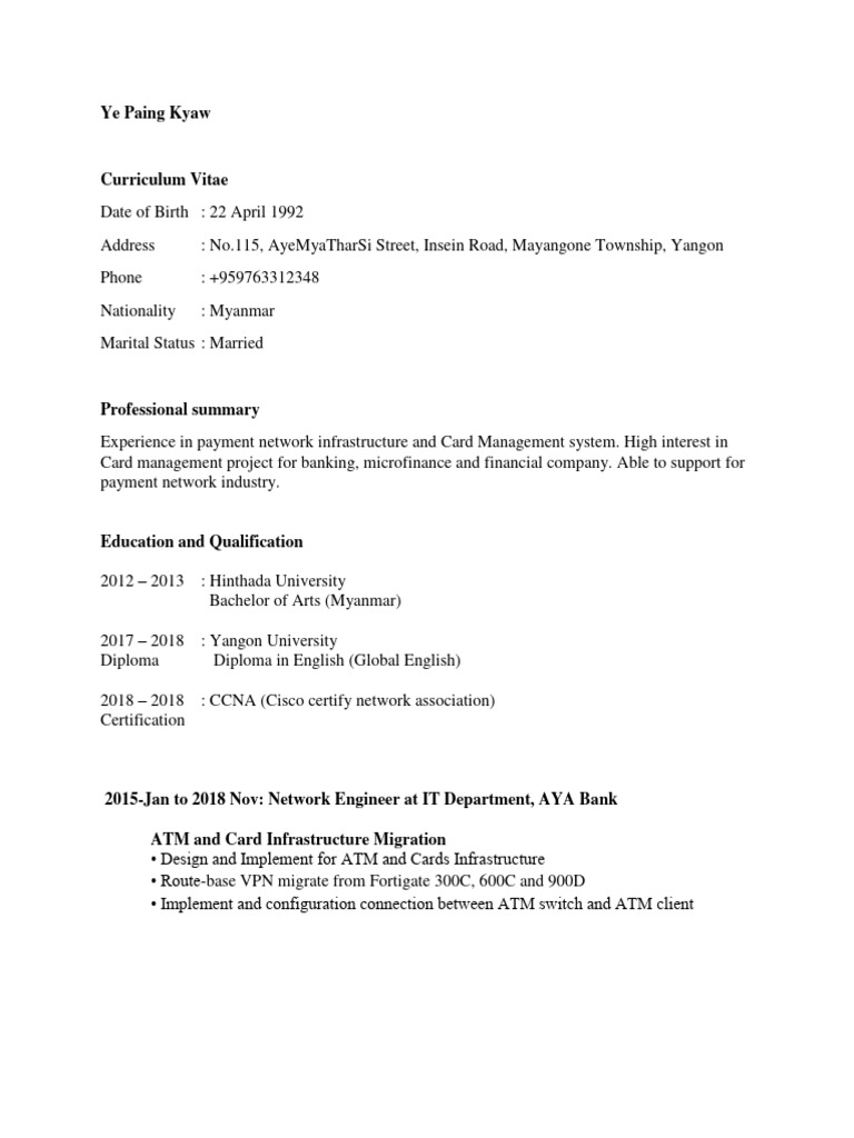 Ye Paing Kyaw (CV) | PDF | Automated Teller Machine | Debit Card
