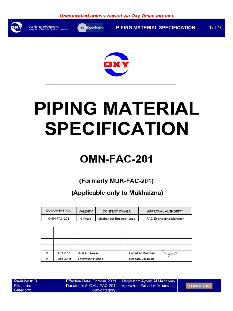 OMN-FAC-201 Piping Material Specification | PDF | Pipe (Fluid ...