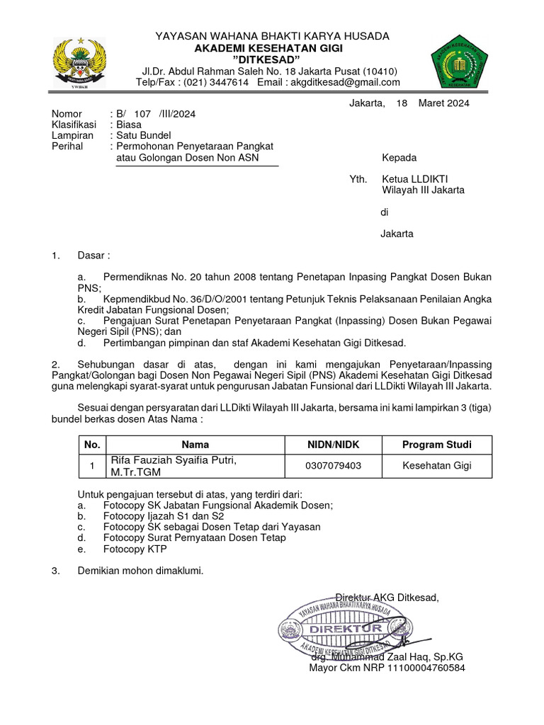 Surat Permohonan Inpassing Pangkat Dosen Akg Puskesad - Rifa Fauziah | PDF