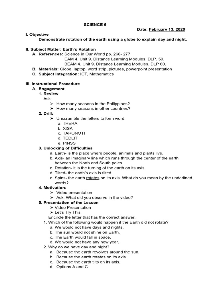 Lesson Plan Earth's Rotation Causes Day and Night | PDF | Rotation | Night