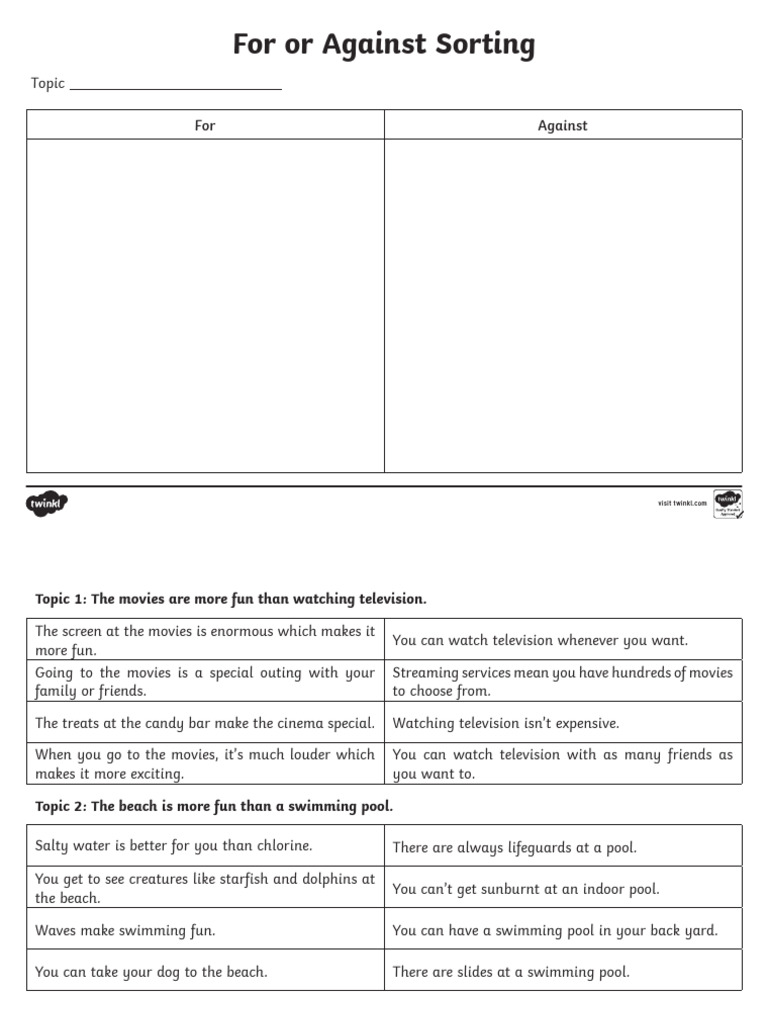 Au L 53268 For or Against Sorting Activity - Ver - 1 | PDF | Language ...