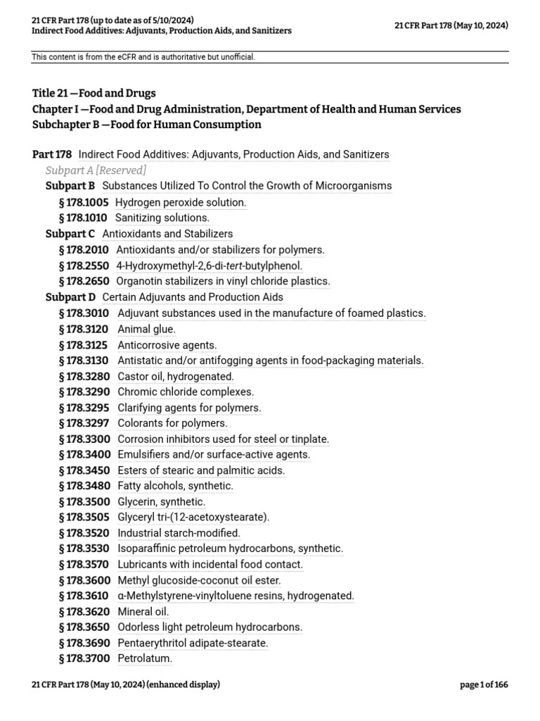 21 CFR Part 178 (Up To Date As of 5-10-2024) | PDF | Acid | Iodine
