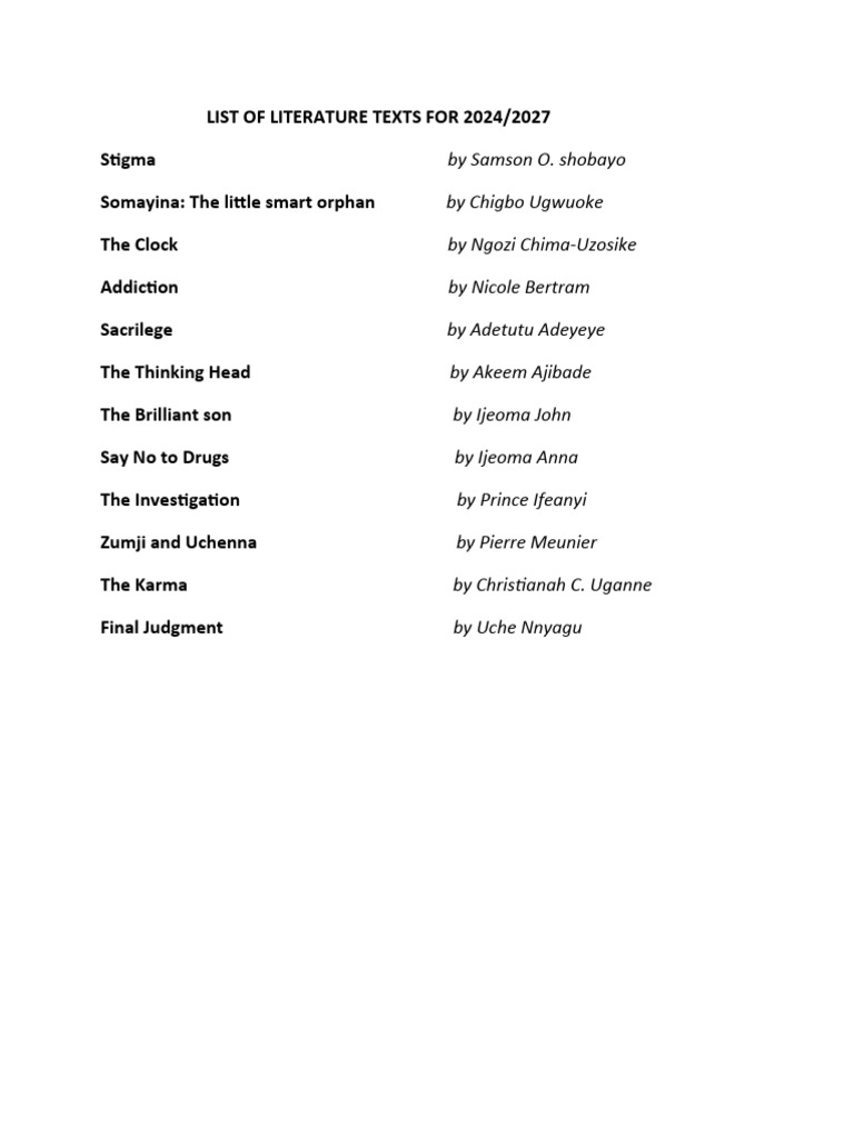 List of Literature Texts For 2024 | PDF