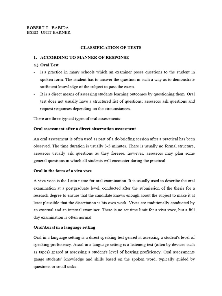 CLASSIFICATION OF TEST | PDF | Thesis | Cognition