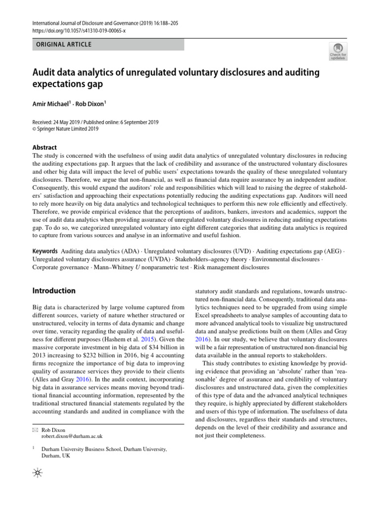 (2019) - Michael, Dixon - Audit Data Analysis of Unregulated Voluntary Dislosures and Auditng ...