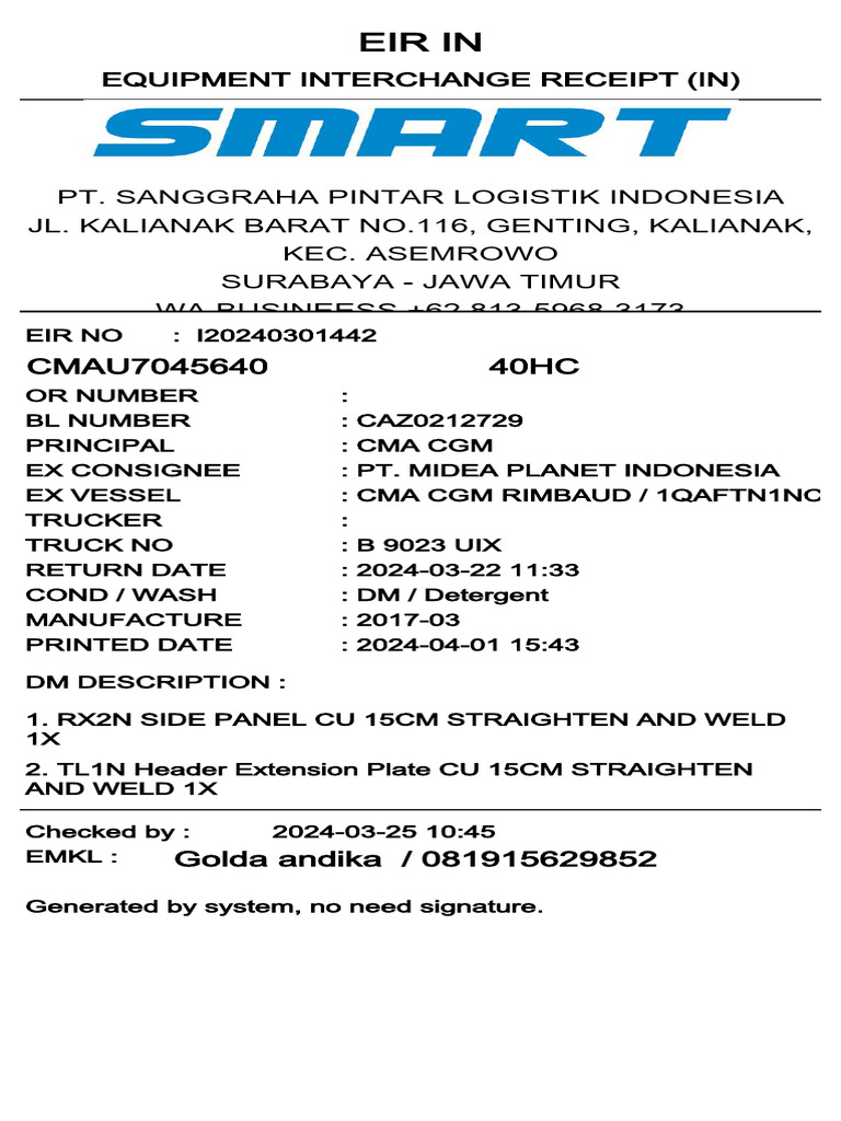 Equipment Interchange Receipt (In) : CMAU7045640 40HC | PDF