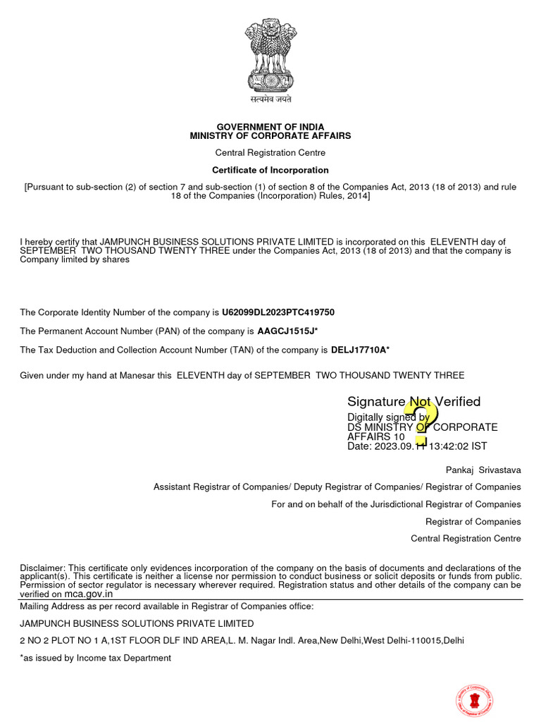 Government of India Ministry of Corporate Affairs: Signature Not ...