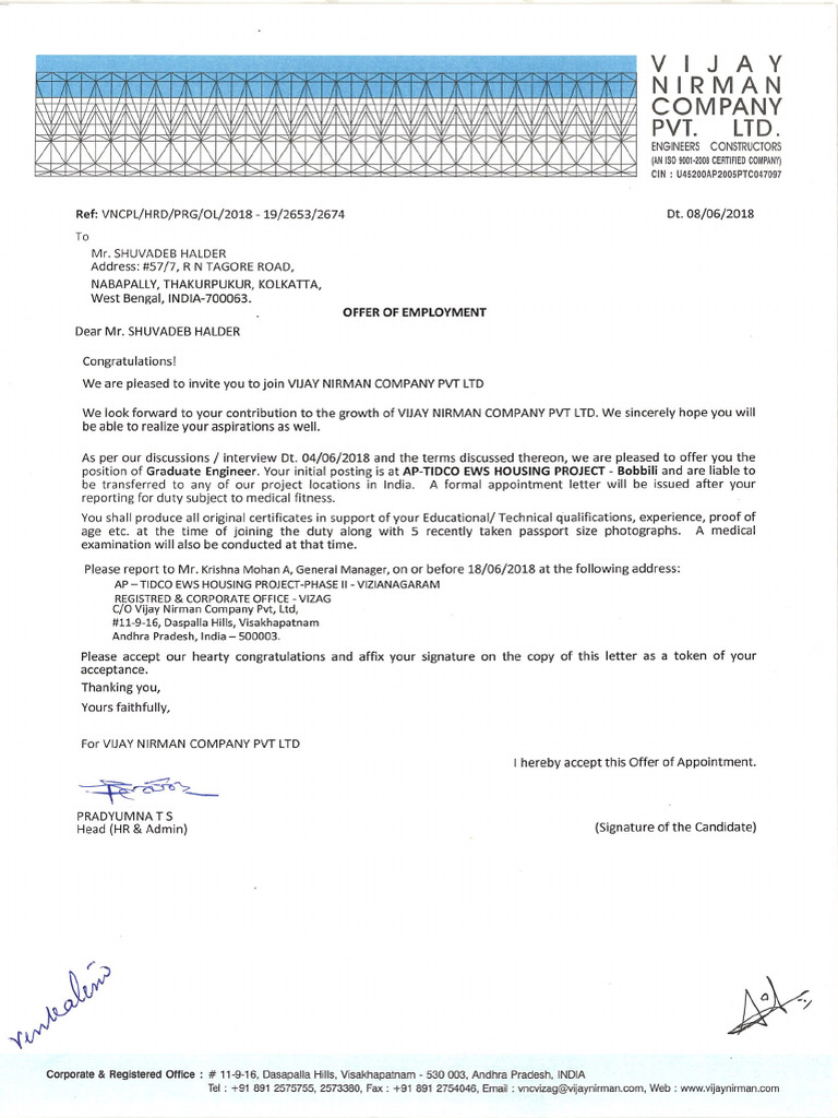 Offer Letter For MR - Shuvadeb Halder | PDF