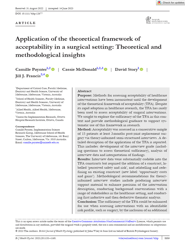 Application of The Theoretical Framework of Acceptability in A Surgical ...