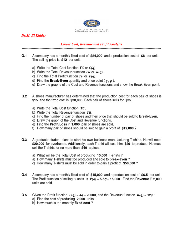 Work Sheet Revenue ,Profit and Cost Functions | PDF