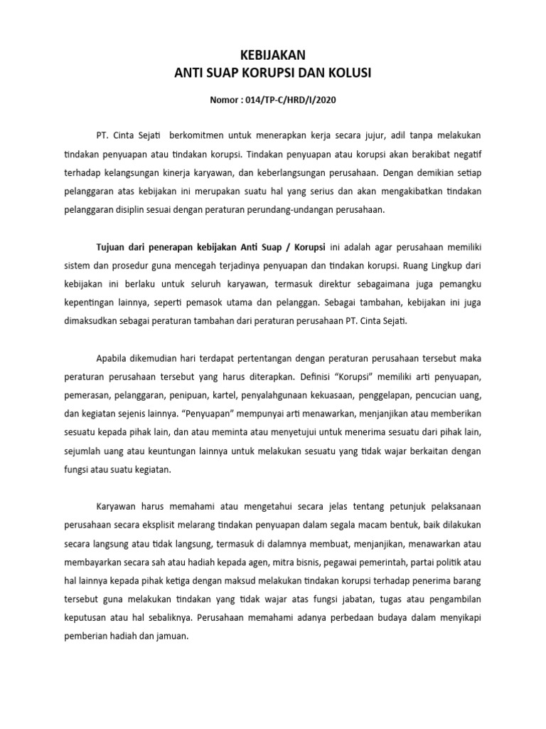 Contoh Pernyataan Kebijakan Anti Suap & Kolusi | PDF | Hukum