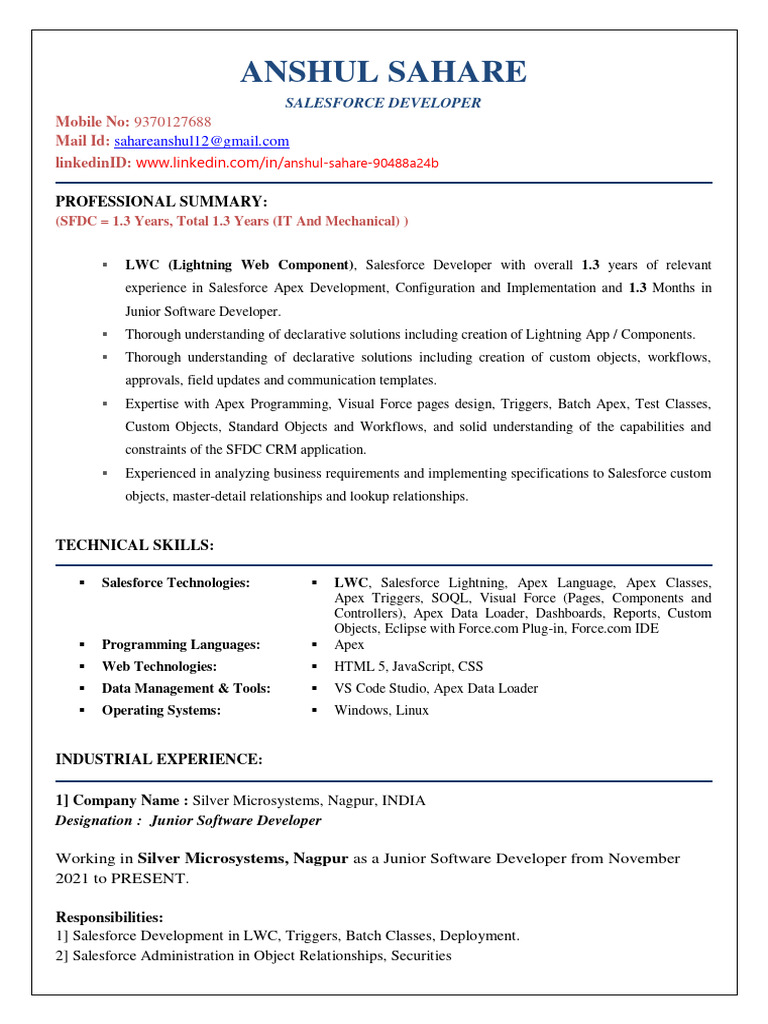 Anshul Sahare - CV | PDF | Software Development | Information Technology Management