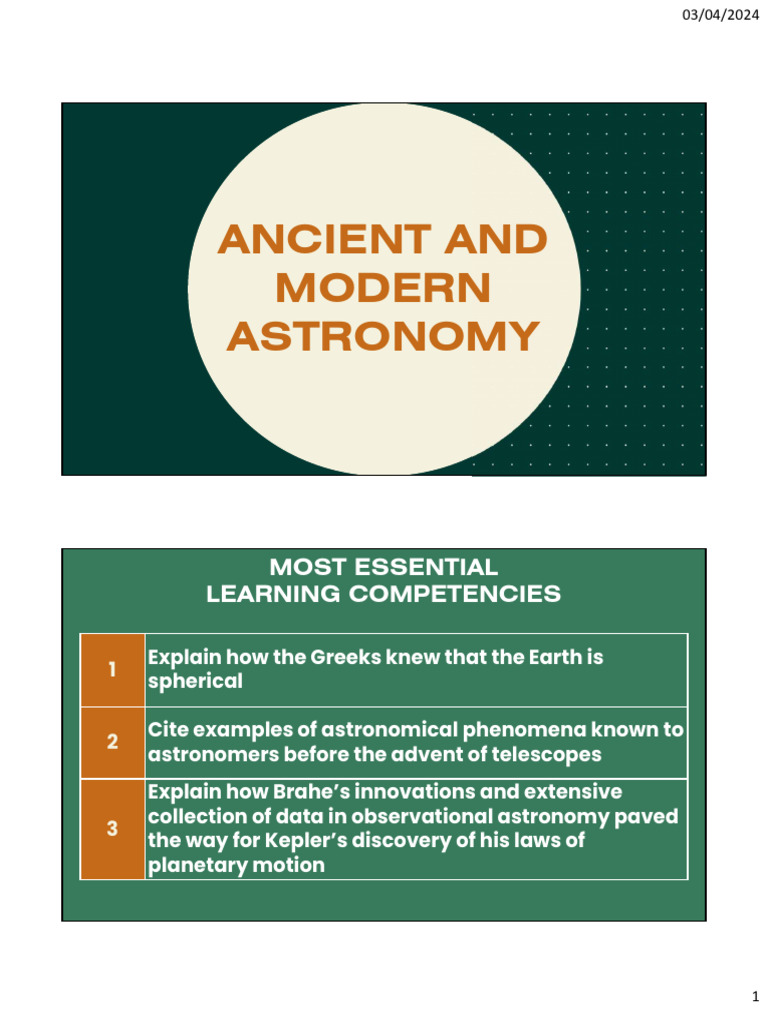 Ancient and Modern Astronomy: Most Essential Learning Competencies ...