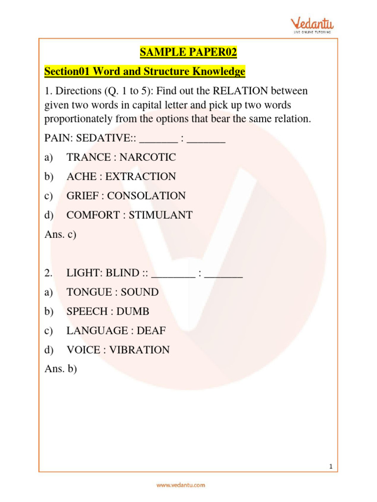 IEO English Sample Paper 2 For Class 10 With Solutions | PDF