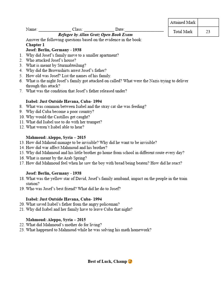 Refugee by Allan Gratz Quiz | PDF