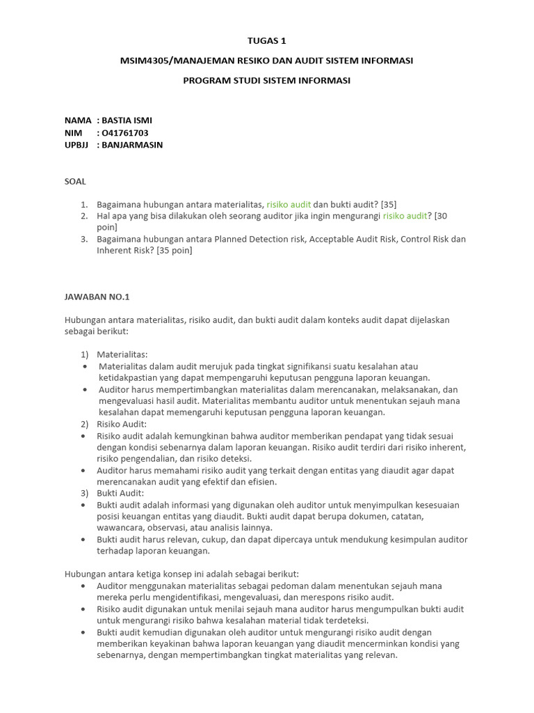 Tugas 1 Manajemen Risiko Dan Audit Si | PDF | Karier & Perkembangan | Bisnis