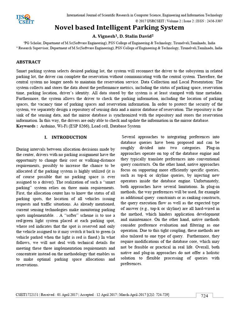 Novel Based Intelligent Parking System Pdf Databases Relational Model