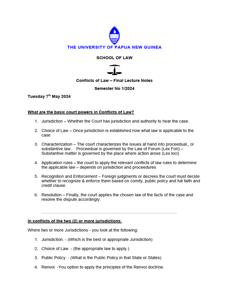 Conflicts of Law Lecture Notes 2024 | PDF | Choice Of Law | Jurisdiction