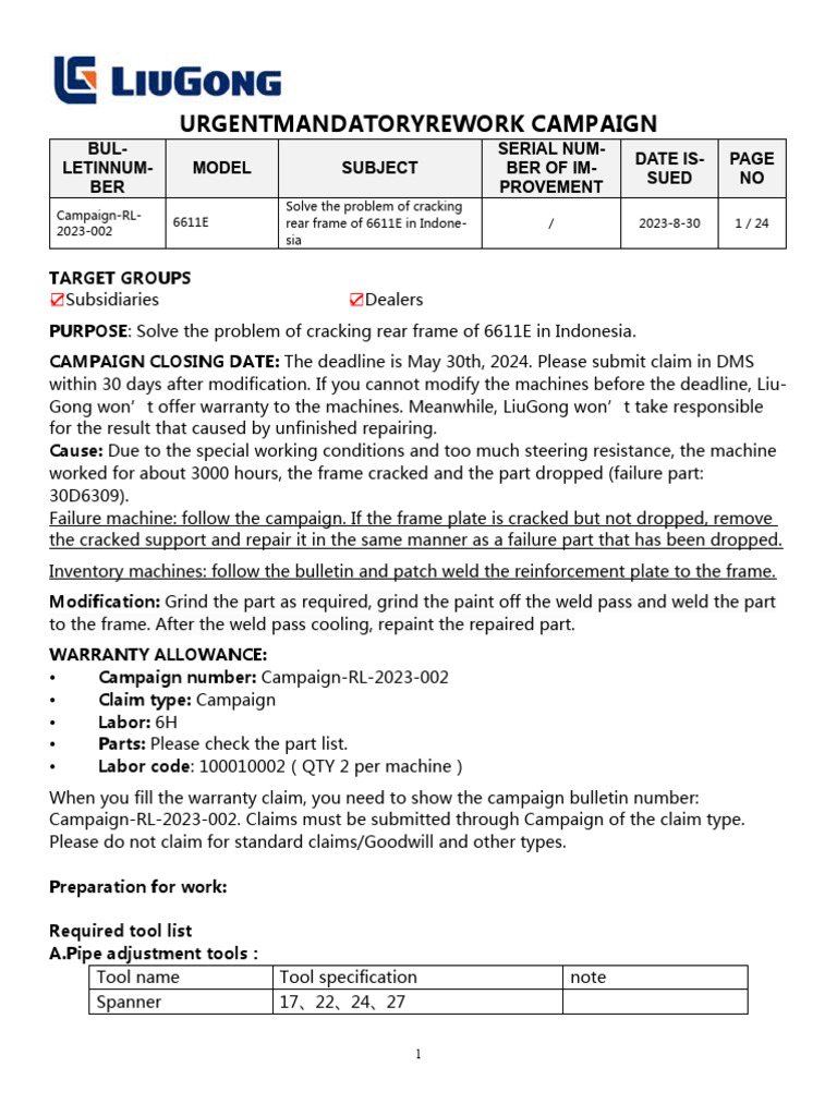 Campaign-RL-2023-002 Solve The Problem of Cracking Rear Frame of 6611E in Indonesia | PDF ...