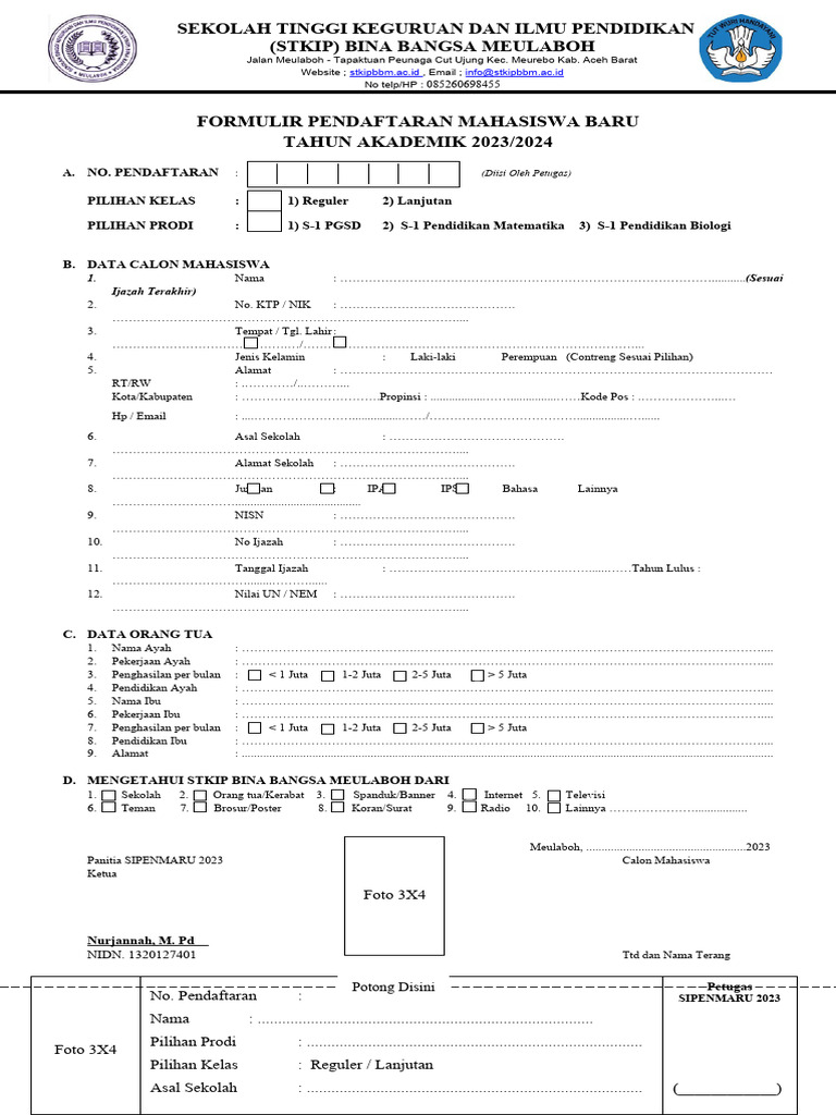 Formulir Pendaftaran Mahasiswa Baru Pdf