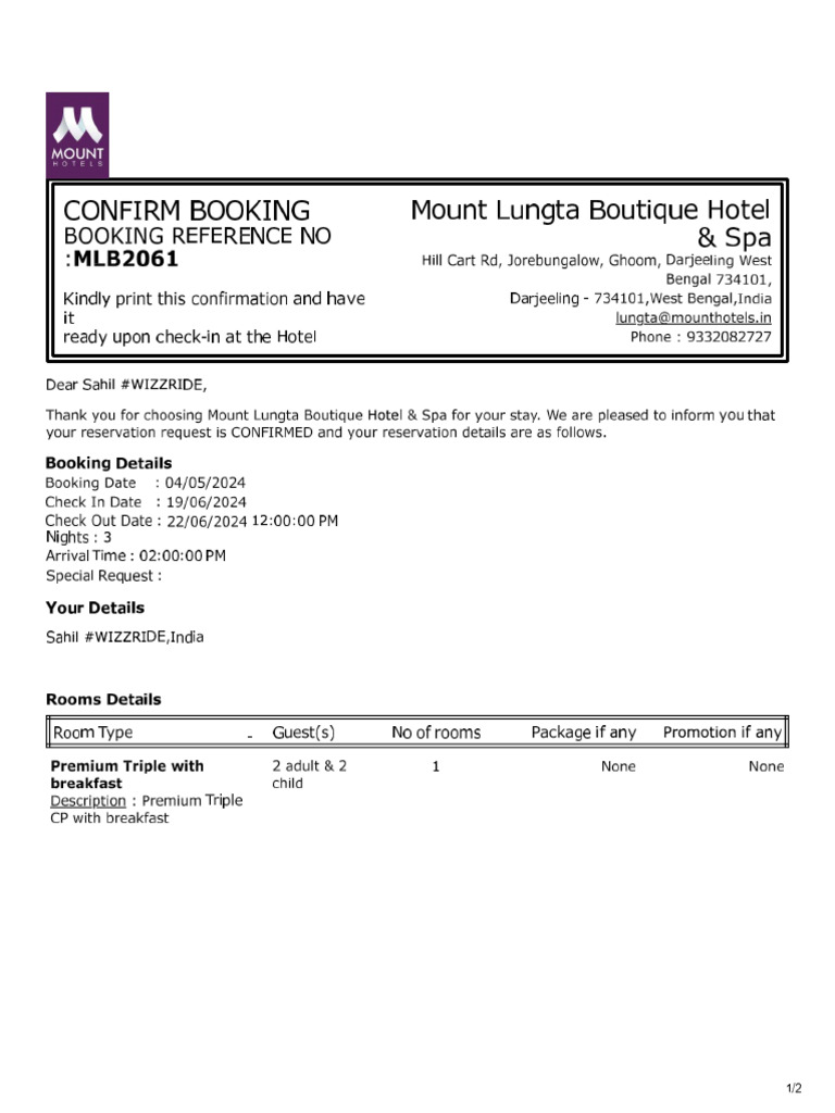 Mr. Sahil - Mount Lungta, Darjeeling | PDF