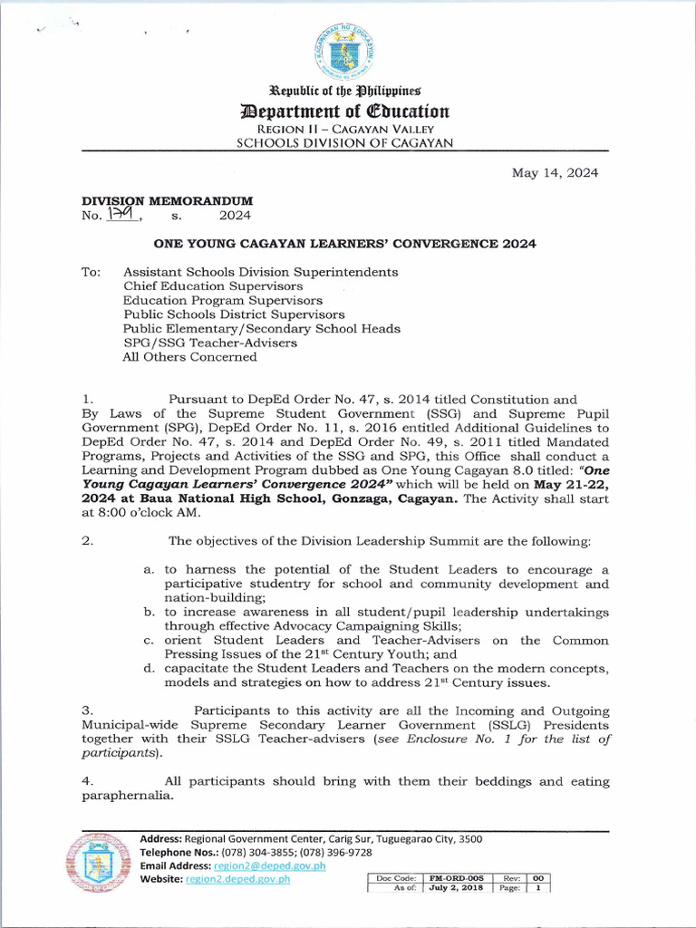 DVM No. 179 S. 2024 One Young Cagayan Learners' Convergence 2024 | PDF