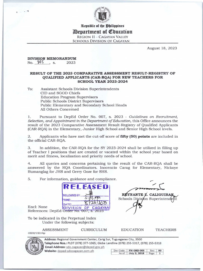 DVM No. 205 S. 2023 Result of The 2023 Car Rqa For New Teachers For ...