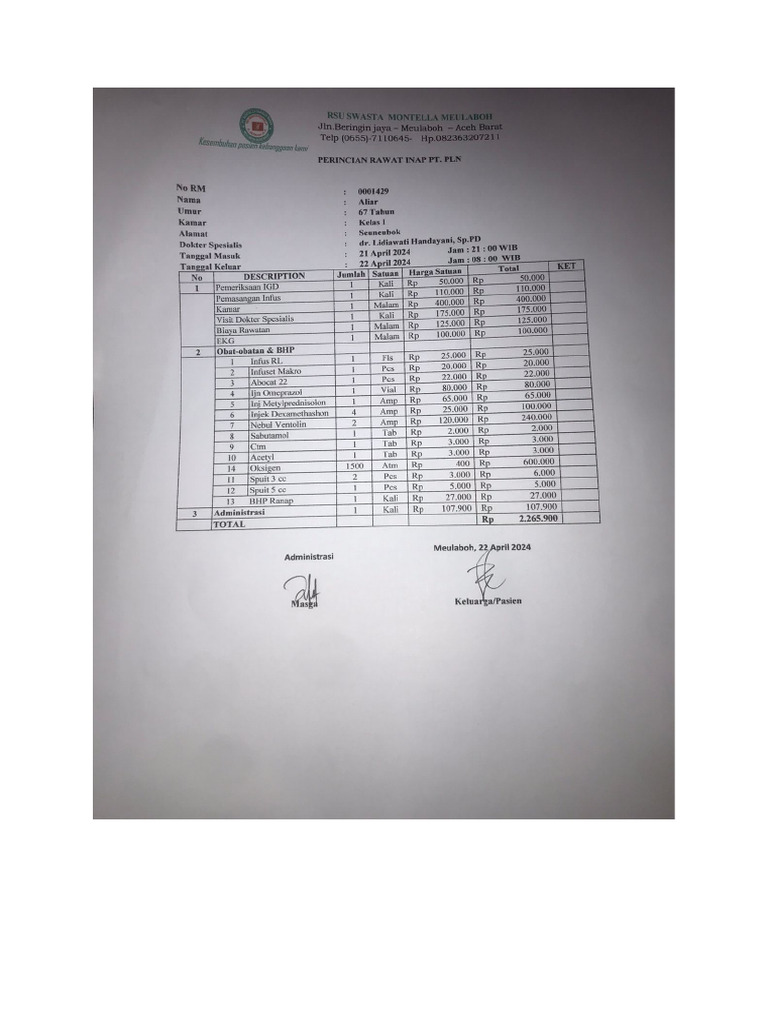 Billing Akhir Pasien Aliar. | PDF