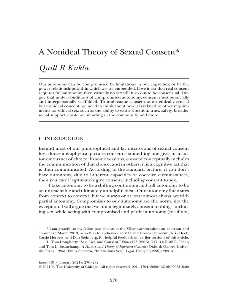 Quill R Kukla A Nonideal Theory of Sexual Consent Quil | PDF | Autonomy | Consent