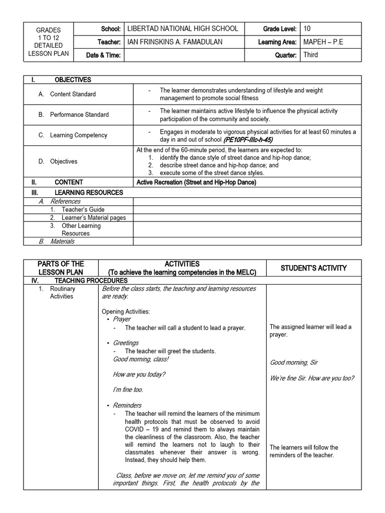 IAN Detailed Lesson Plan PE | PDF | Dances | Urban Street Dance And Music