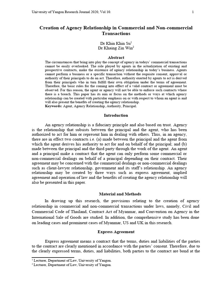 UYRJ - Creation of Agency Relationship in Commercial and Non-Commercial Transactions - DR Khin ...