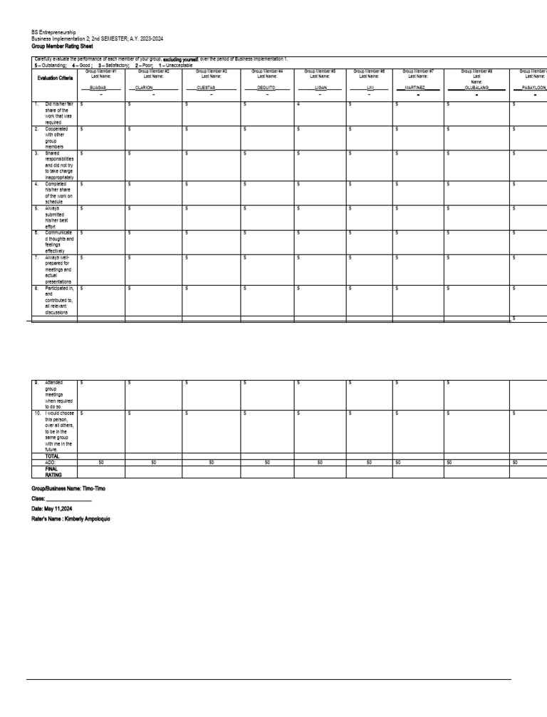 Group Member Evaluation Sheet 2023-2024 | PDF
