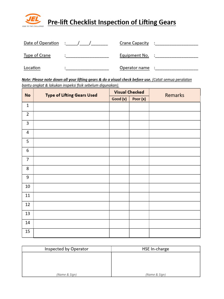 Pre-Lift Inspection Checklist of Lifting Gears | PDF
