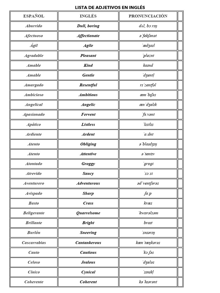 Lista de Adjetivos en Inglés y Español | PDF