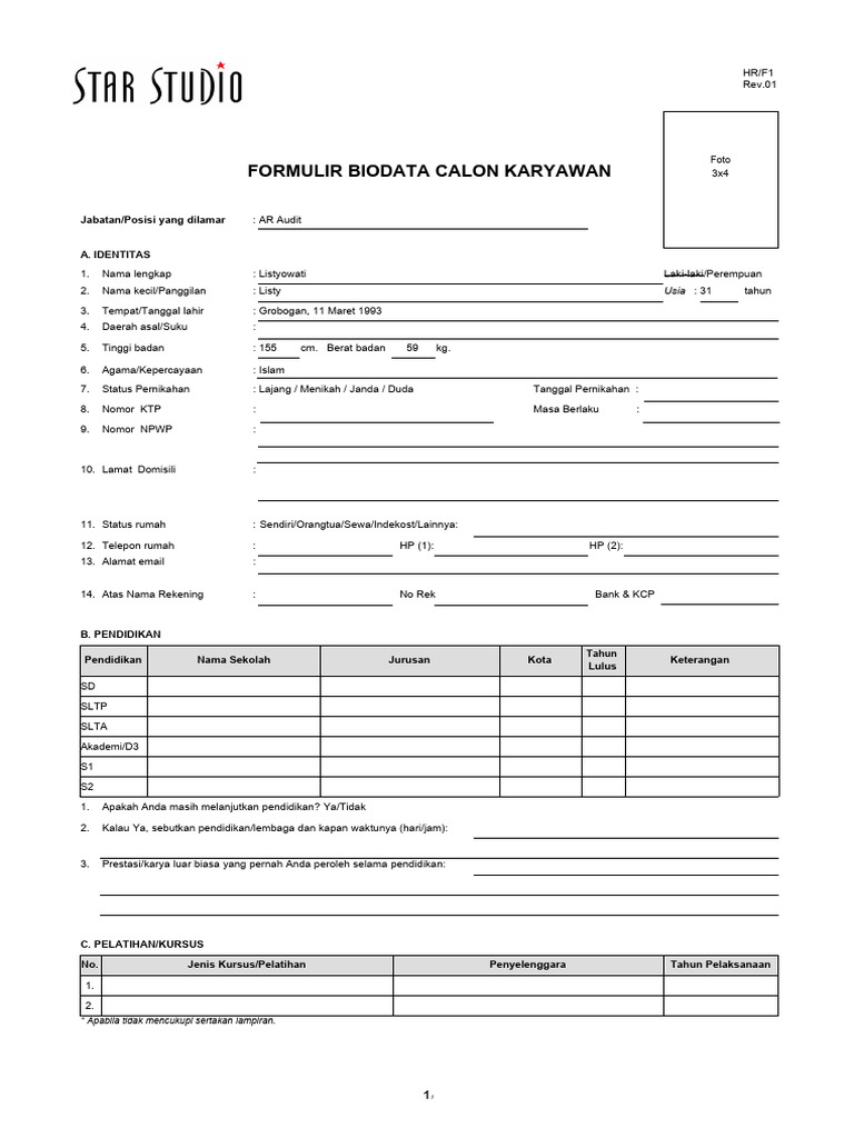 Formulir Biodata Calon Karyawan | PDF