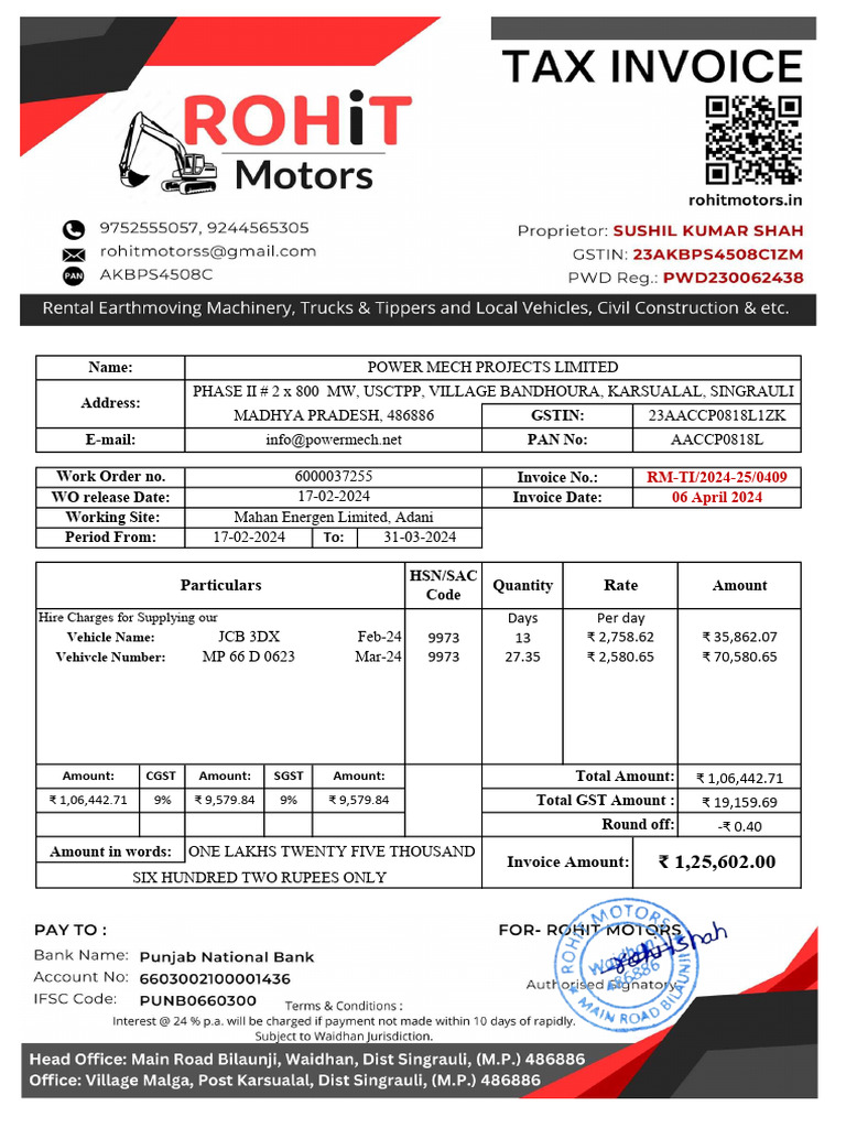 JCB Hire Charges and Invoice Details | PDF | Economy Of India | Heavy ...