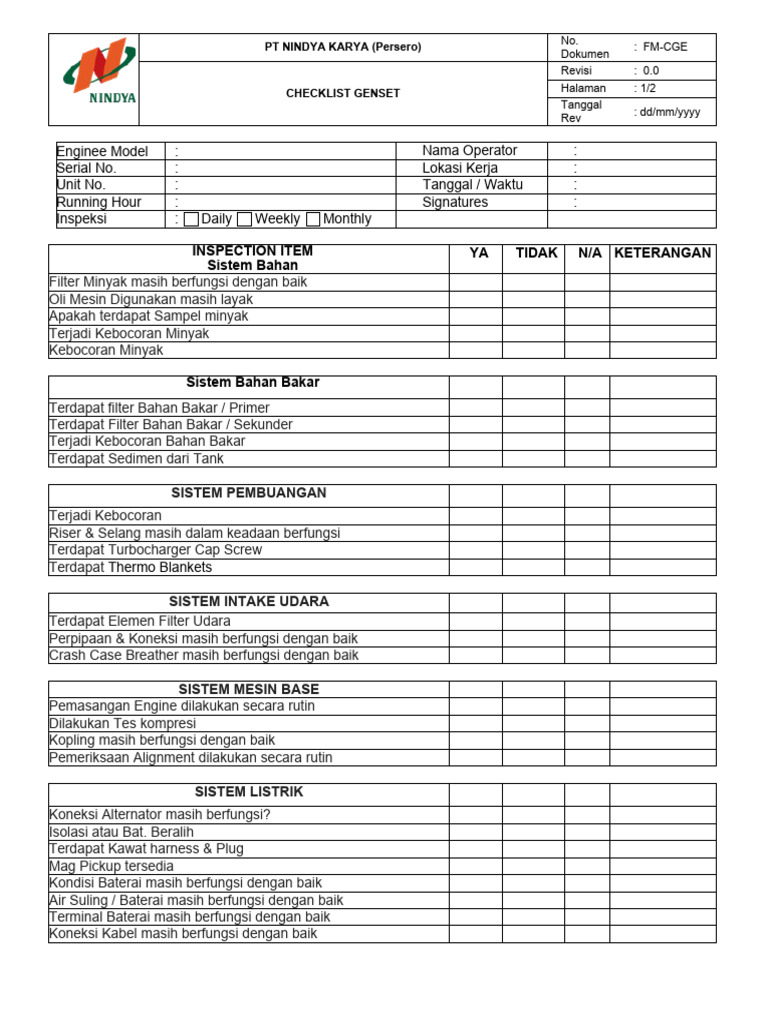 Fmcge Checklist Genset | PDF