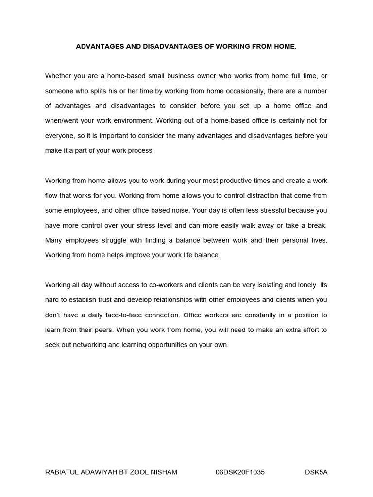 Advantages and Disadvantages of Working From Home | PDF