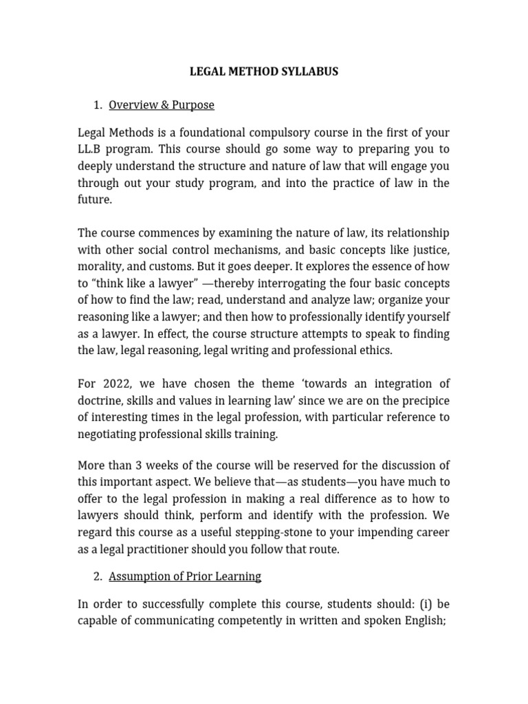Legal Method Syllabus | PDF | Precedent | Lawyer