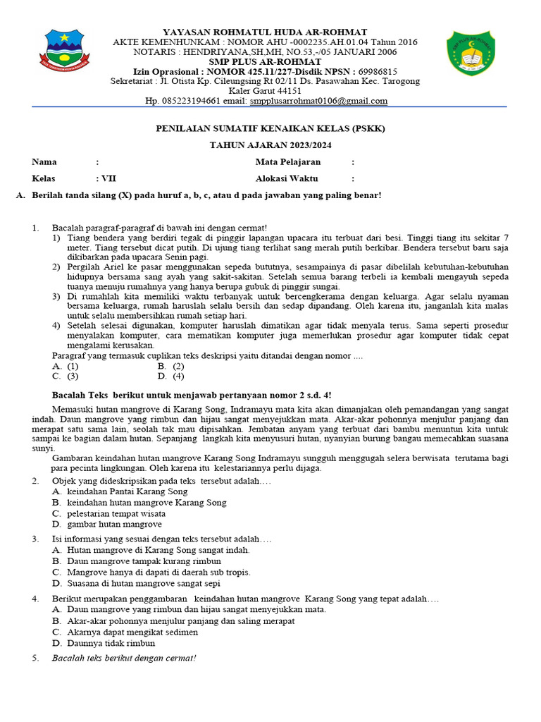 Soal PAT B. Indonesia Kelas 7 T.A. 2023-2024 | PDF