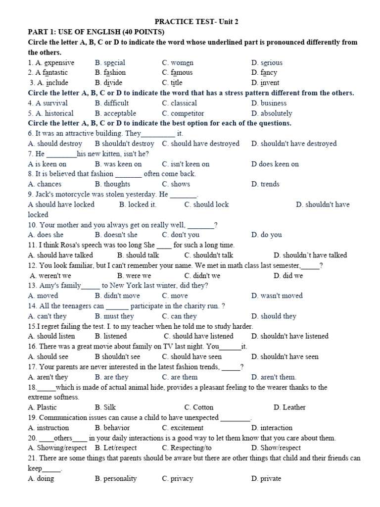 PRACTICE TEST - Unit 2 | PDF | Adolescence | Grandparent