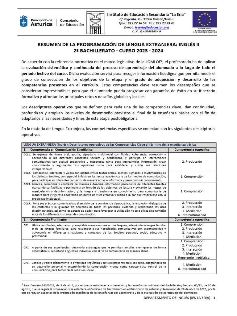 Resumen Programacion 2ºBACHILLERATO (23-24) | PDF | Evaluación | Aprendizaje