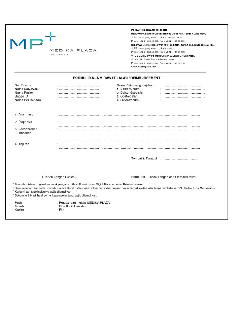 Formulir Klaim Rawat Jalan Reimbursement MP | PDF Formulir Klaim Rawat Jalan Reimbursement MP | PDF