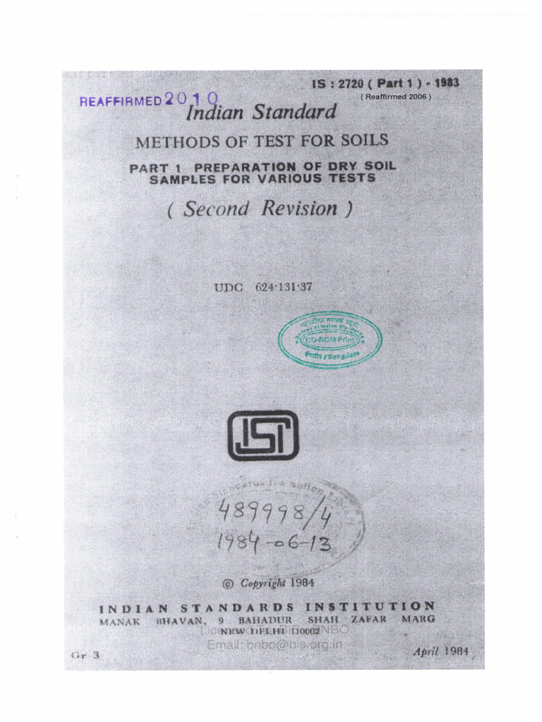 Is 2720 Part 1 Preparation of Dry Soil Samples For Various Tests | PDF