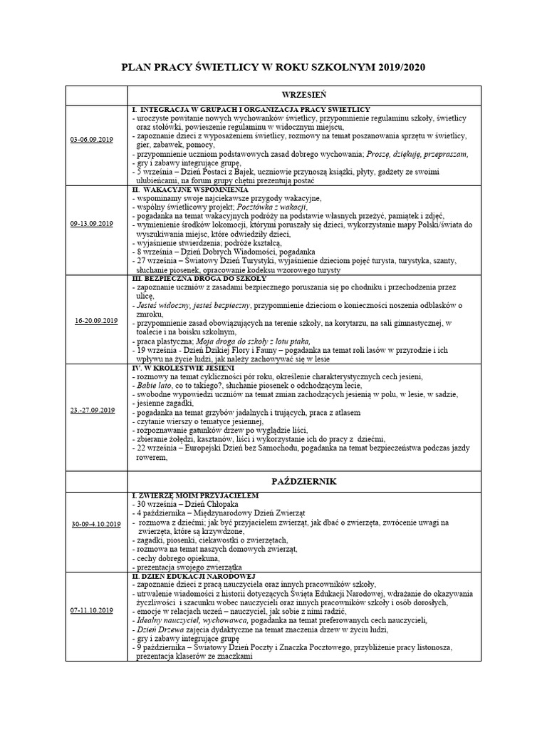 Plan Pracy Świetlicy W Roku Szkolnym 2019-2020 | PDF