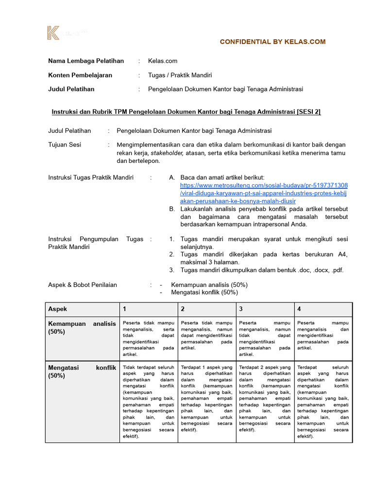TPM (SESI 2) Rubrik TPM - Kelas - Com - Pengelolaan Dokumen Kantor Bagi Tenaga Administrasi | PDF
