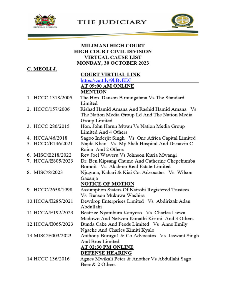 Civil Cause List For 30th October 2023 | PDF