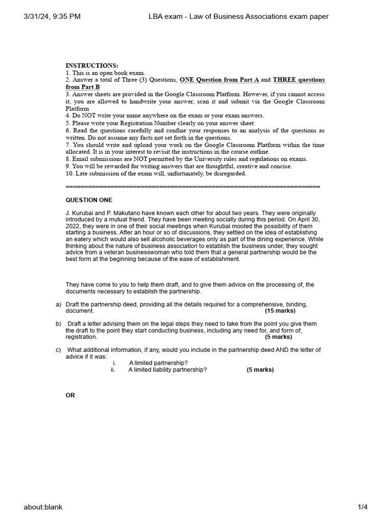LBA Exam - Law of Business Associations Exam Paper | PDF | Unsecured Debt | Limited Liability ...