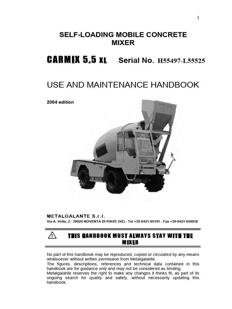 Use and Maintenance Handbook CARMIX 5,5XL 2004 | PDF | Truck | Pipe (Fluid Conveyance)